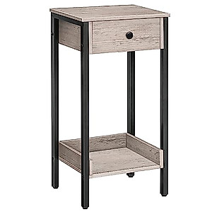 HOOBRO Tall Side Table, Nightstand, End Table with Drawer and Storage Shelf, Industrial End Telephone Table, for Study, Bedroom, Space Saving, Greige and Black BG71BZ01