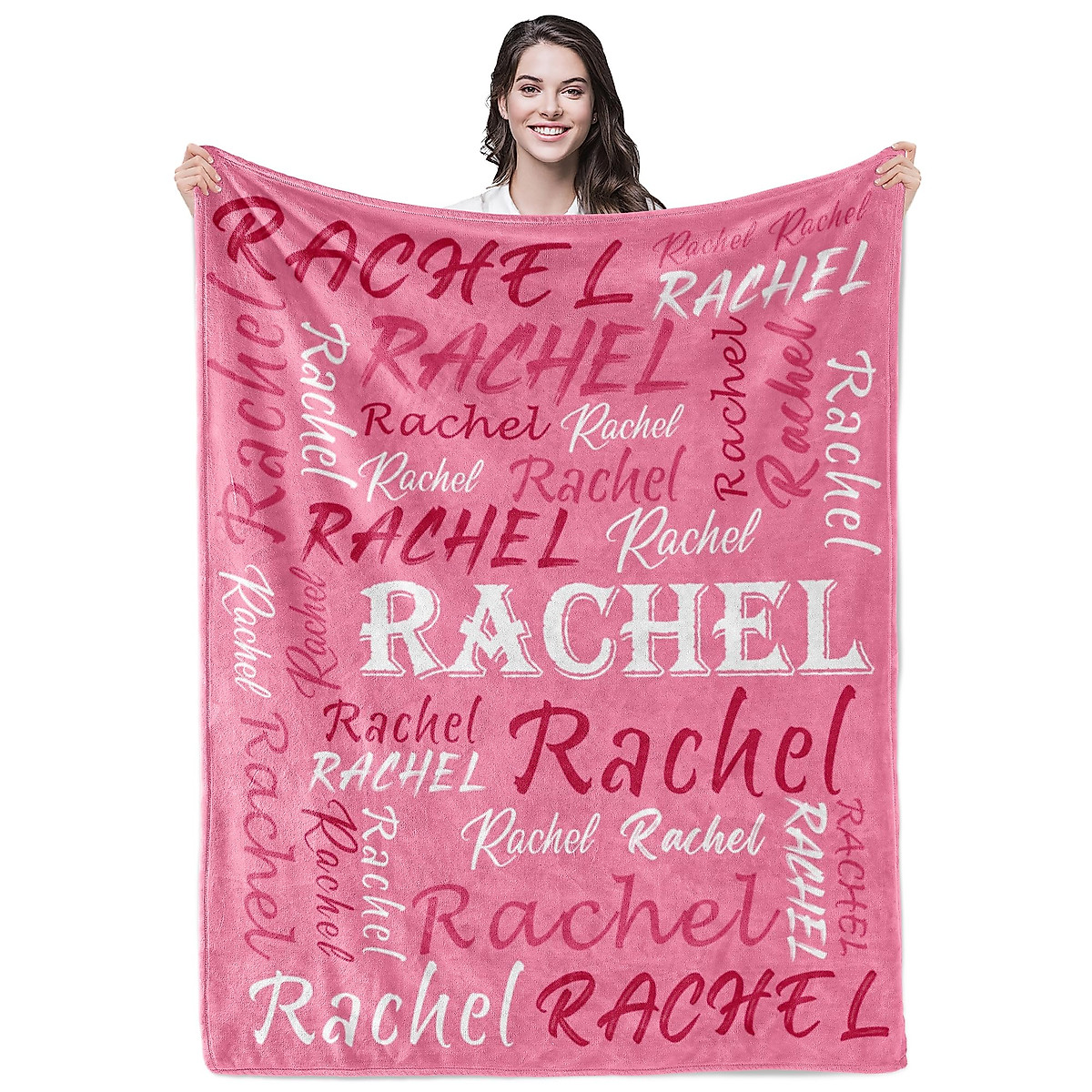 Personalized Name Throw Blanket, Custom Pink Theme Light Soft Flannel Fleece Throw Blanket with Name for Men Women Boys Girls Kids, Customized Name Gifts for Birthday Christmas Valentines Day