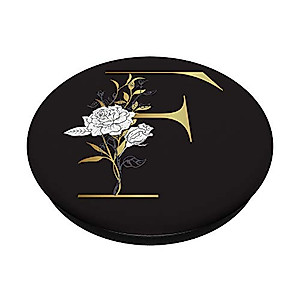Initial F Monogram Chic Black Background Floral Letter F PopSockets Grip and Stand for Phones and Tablets
