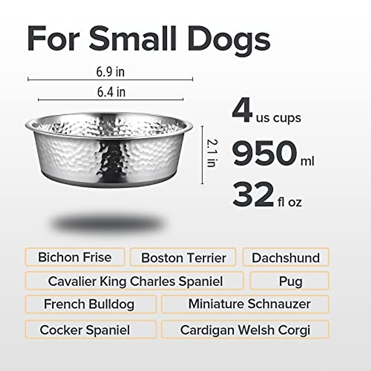 URBUDDIES 2 Pack Hammered Stainless Steel Dog Bowls, 4 Cup, Gray Bottom