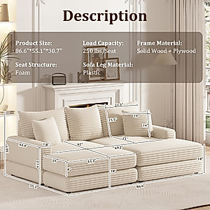 Olodumare Modern Minimalist 3-Seater Sofa with Extra Deep Seat,Corduroy Convertible Sectional Sofa Couch with 3 Back Pillows,2 toss Pillows and Two Ottoman for Living Room,Office,Small Space,Beige