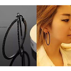 Silver Plated Women Hoop Earrings Bridal Wedding Black White Pink Crystal Rhinestone EarBrings (Black)