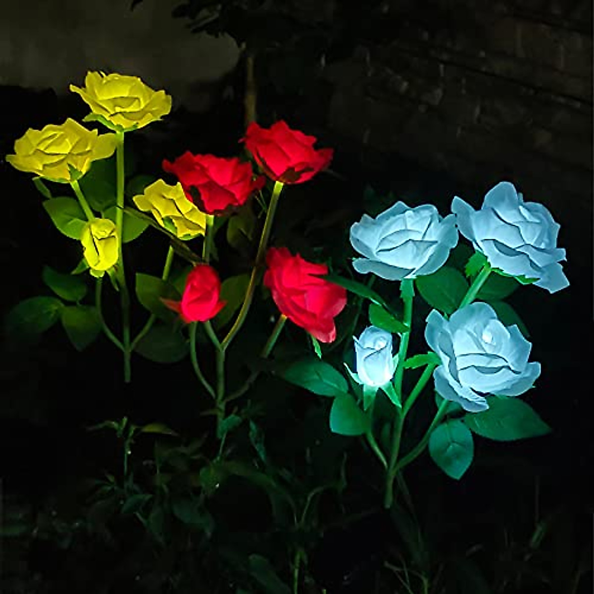 Thafikzi Solar Garden Stake Lights, 2 Pack Outdoor Solar Powered Rose LED Lights with 4 Rose Flowers, White Light Waterproof Solar Decorative LED Lights for Garden, Patio, Backyard (Yellow)