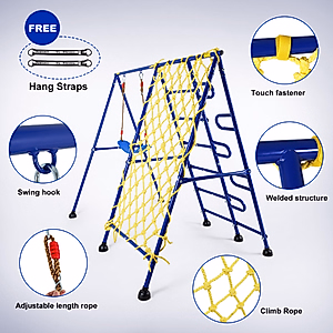 Leikefitness Swing Set for Backyard, Heavy Duty Metal Swing Rack for Indoor and Outdoor Activities, Frame Metal Blue Swing Set with 1 Swing Seat, Climbing Net, and 2 Ladders