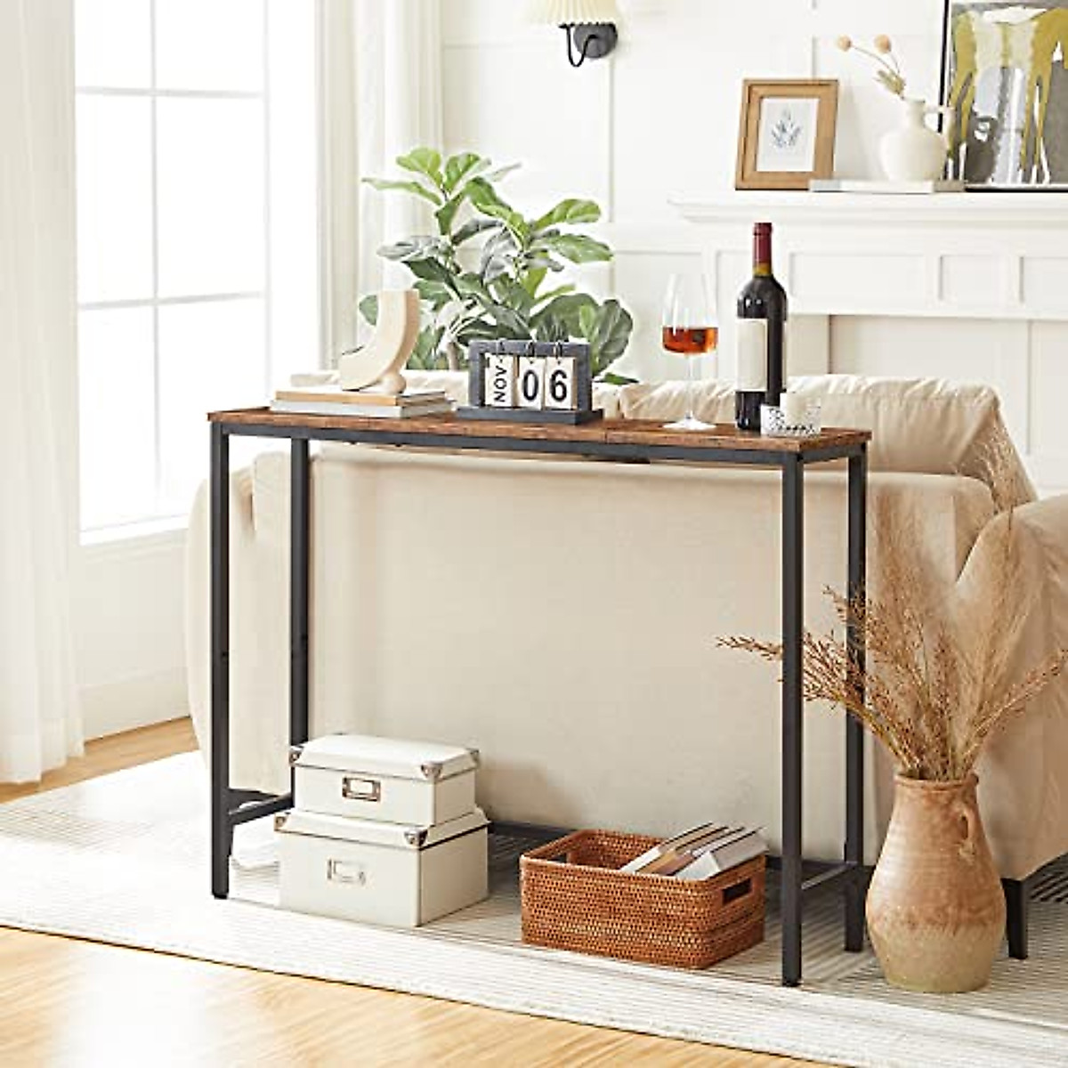 HOOBRO Console Table, Sofa Table with Support Bar, Hallway Entrance Table for Living Room, Entryway, Corridor, Sturdy, Easy Assembly, Wood Look Accent Table, Rustic Brown and Black BF751XG01