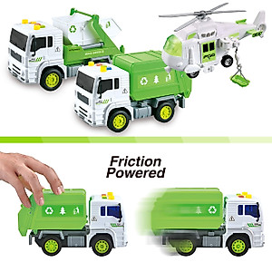 JOYIN 3 in 1 Friction Powered City Waste Management Vehicle Car Truck Toy Set Including Helicopter, Garbage Truck, and Waste Collection Truck, with Lights and Sounds/Sirens