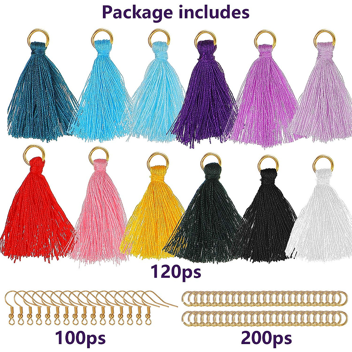 120 Pieces DIY Tassels Multicolored Mini Tassels Charm with 100 Pieces Gold Plated Earring Hooks and 200 Jump Rings for Earring Jewelry Making DIY Craft Accessory