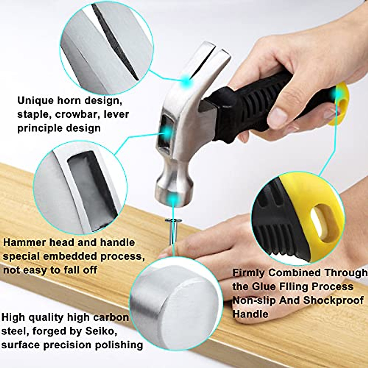 376pcs Hardware Nails Assortment Kit and 8oz Small Claw Hammer,Mini Hammer with Anti-Slip Handle,Nails for Hanging Pictures,Maximum Length 2 Inches Nails,Finishing Nails for Household and DIY