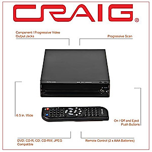 Craig CVD512a Compact DVD Player with Remote in Black | Compatible with DVD/DVD-R/DVD-RW/JPEG/CD-R/CD-RW/CD | Progressive Scan | Multilingual Supported |