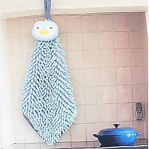 WINGOFFLY 3pcs Absorbent Hand Towel Set Chenille Microfiber Soft Kitcken Wash Towel with Rope Hanging, Pig + Owl + Penguin
