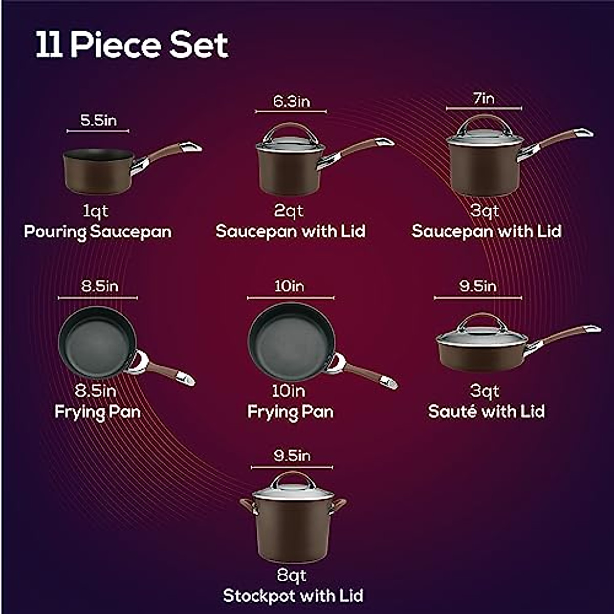 Circulon Symmetry Dishwasher Safe Hard Anodized Nonstick Cookware Pots and Pans Set, 11-Piece, Chocolate