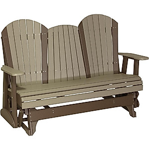 LuxCraft 5' Adirondack Double Glider Bench, 2 Person Glider Chair, Outdoor Glider Bench, Outdoor Loveseat Glider (Weatherwood on Chestnut Brown)