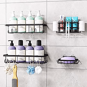 Shower Caddy Bathroom Organizer, Self Adhesive Shower Shelves with Soap Holder, Wall Mount Bathroom Shelf Storage, Bathroom Essential Accessories (Black 4 pack)