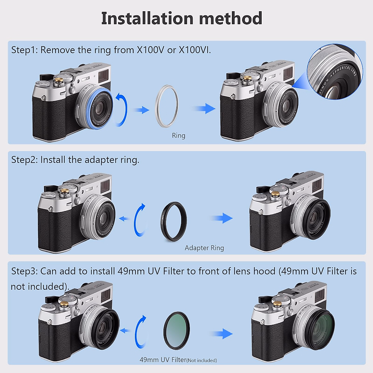Haoge Lens Filter Adapter Ring for Fujifilm X100VI Fuji FinePix X100V Camera fit 49mm UV CPL ND Filter Lens Cap Replace Fujifilm AR-X100 Black