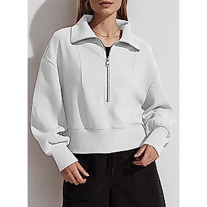 Dokotoo Womens Casual Half Zip Pullover Sweatshirts Long Sleeve Workout Tops Fall Comfy Cropped Loose Quarter Zipper Sweatshirt Jackets Winter Clothes 2023 Trendy Outfits White Mdeium