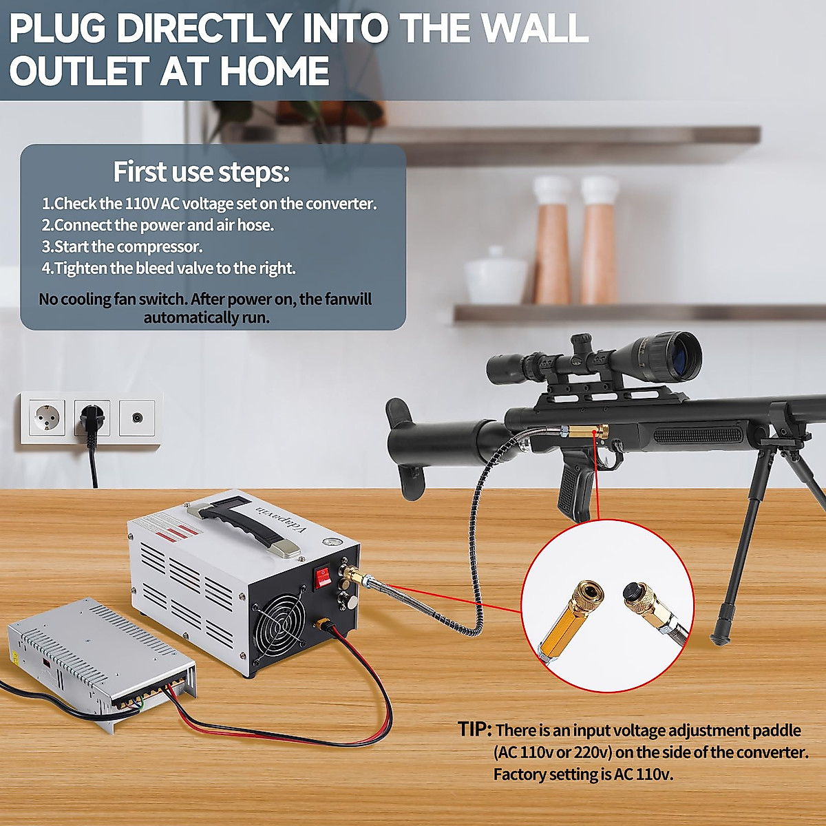 Vdapavin Pcp Air Compressor, 4500Psi 30Mpa Portable PCP Airgun Compressor with External Converter,12V DC/110V AC Oil & Water-Free Manual-Stop Air Rifle, Paintball and Scuba Tank Compressor Pump
