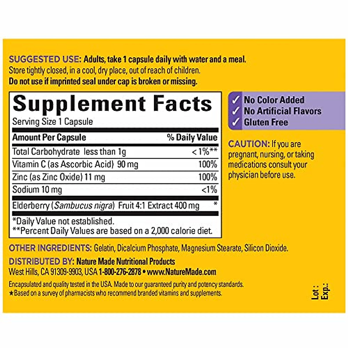 Nature Made Elderberry 400 mg Extract with Vitamin C and Zinc, Dietary Supplement for Immune Support, 60 Capsules, 60 Day Supply