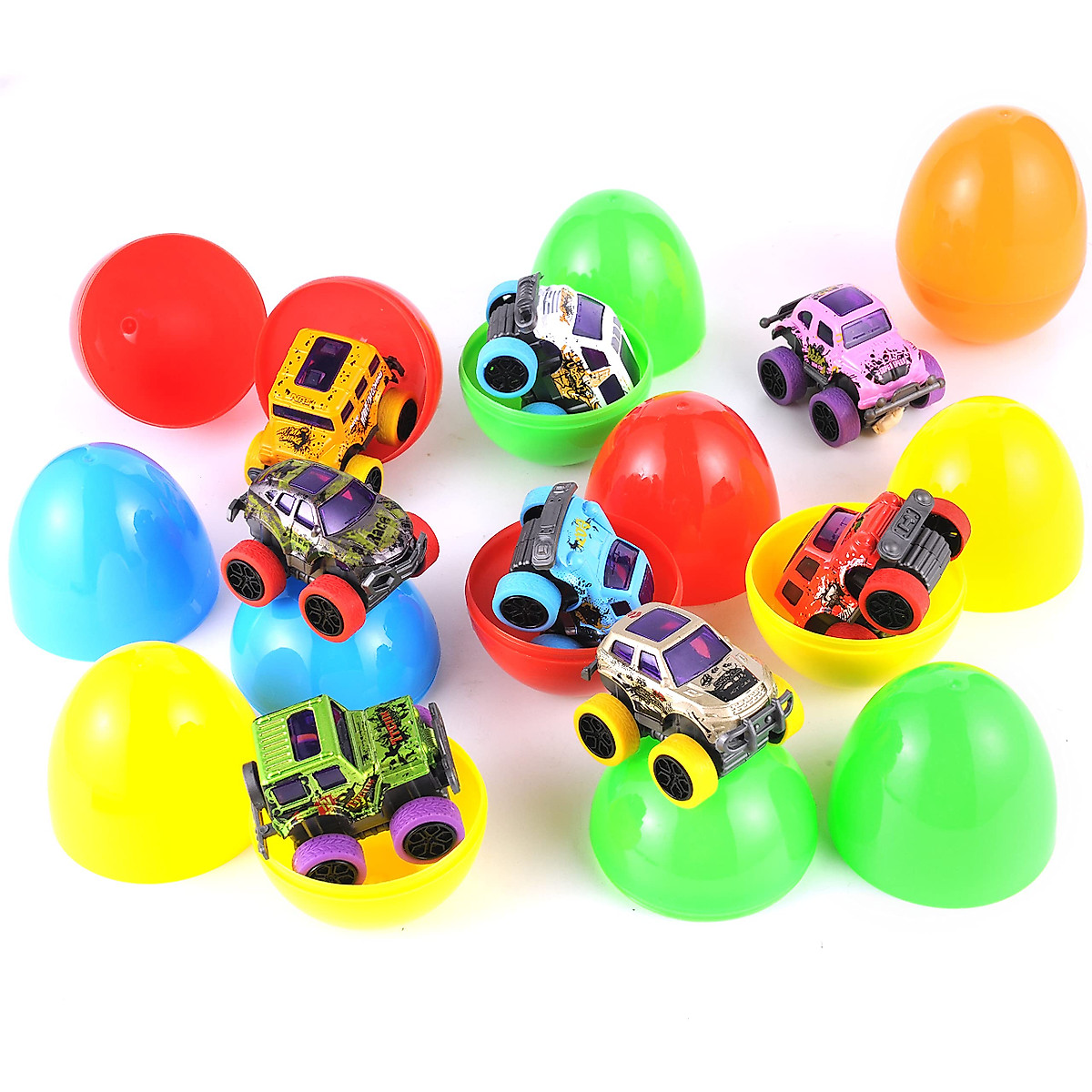 JOYIN 12 Pcs Easter Eggs Filled with Pull Back Monster Cars, Easter Egg Prefilled with Trucks for Kids ​Easter Egg Hunt, Basket Stuffers Filler and Classroom Prize Supplies