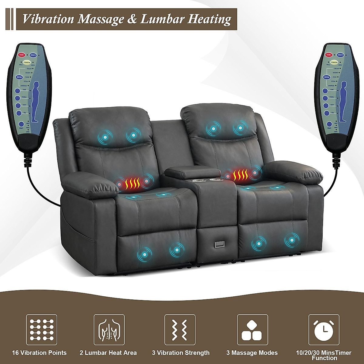 BAIJIAWEI B Loveseat Recliner, Reclining Loveseat with Console, Double Reclining Loveseat, 2 Seater Manual Reclining Couch for Living Room, Office, Home Theater(PU-Grey)