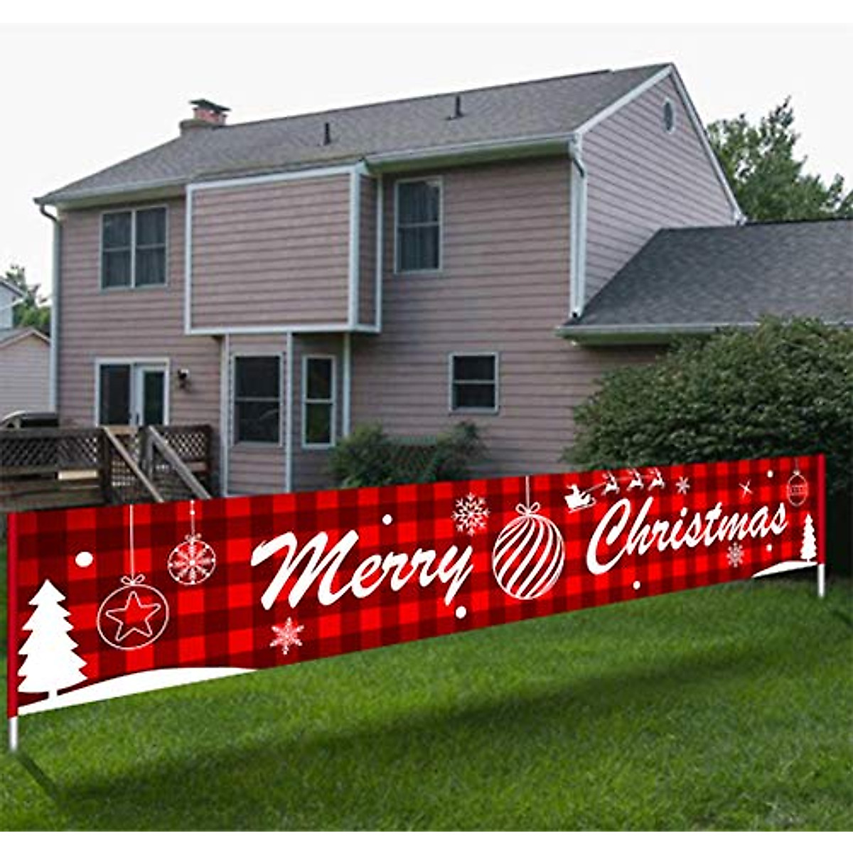 Large Merry Christmas Banner,Xmas Outdoor & Indoor Hanging Decor,Xmas Sign Huge Xmas Home Party Decoration (Red lattice letters)