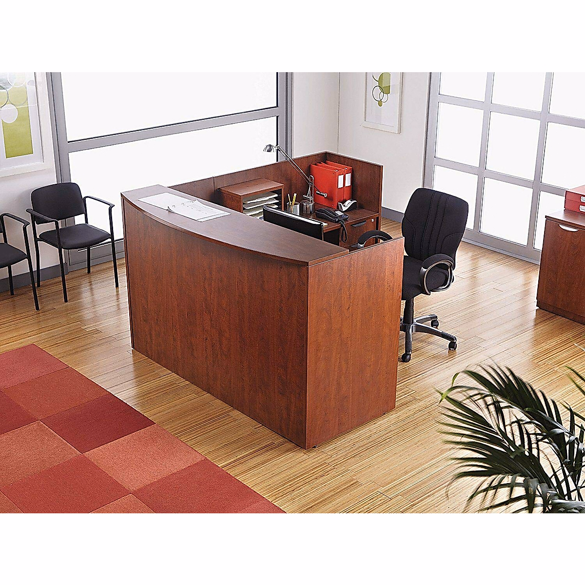 Valencia Reversible L Shape Laminate Office Furniture Reception Desk Medium Cherry Finish