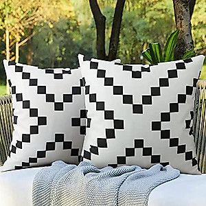 JASEN Outdoor Waterproof Boho Throw Pillow Covers, Black and White Geometric Decorative Pillow Cases for Patio Garden, Set of 2 18X18