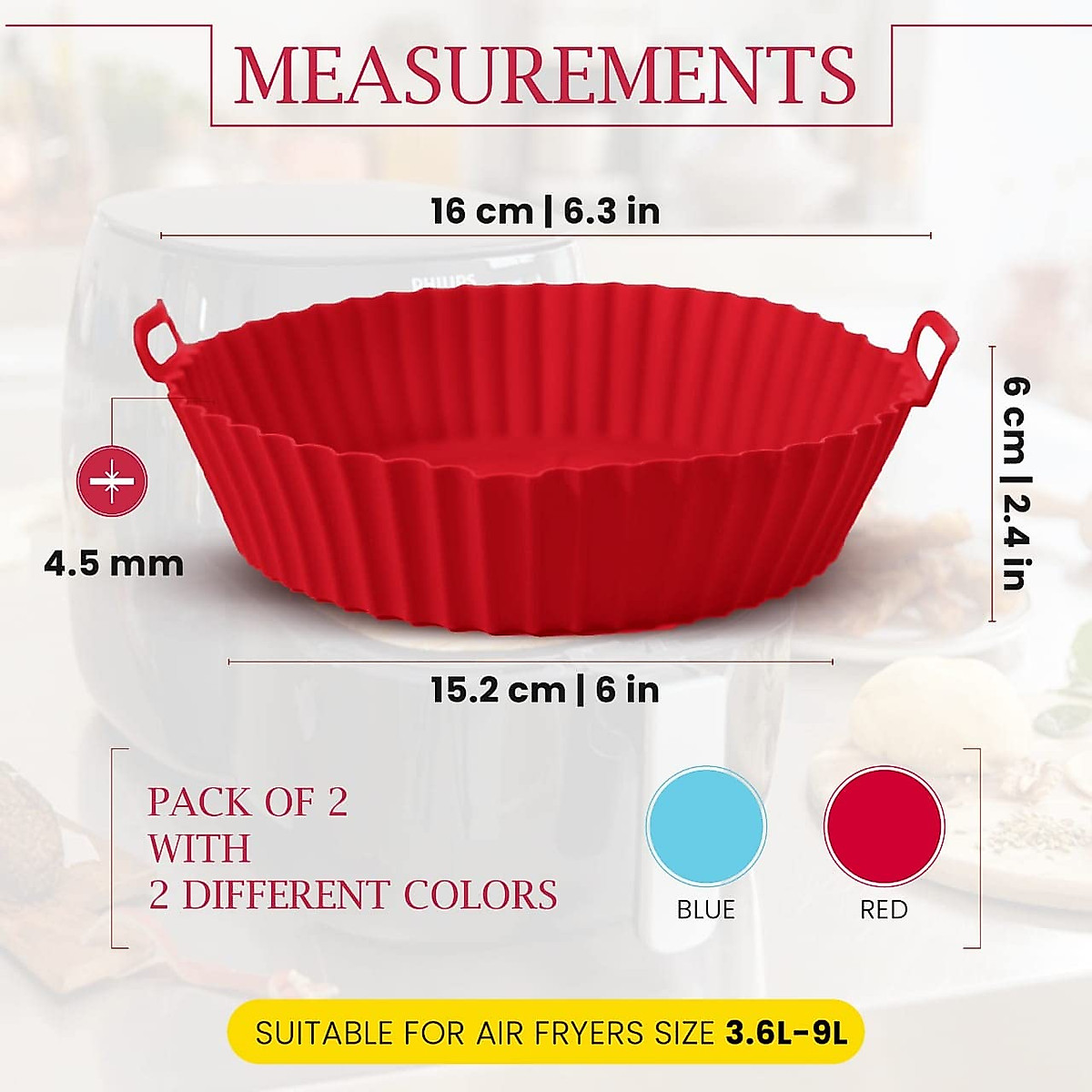 RR Brand Silicone Air Fryer Liners, 6.3” 2 Pieces Non-stick Paper for Frying Cooking,Oil-Proof for Steamer and Microwave Air Fryer Basket Pot,Air Fryer Silicon Liners Fits to 3-7 QT(Blue & Red)