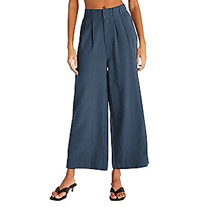 Tanming Linen Pants Women Summer Wide Leg High Waisted Work Pants Palazoo Trousers (NavyBlue-XL)