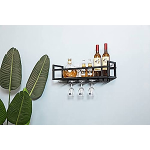 Fhesap Wall Mounted Wine Rack, Hanging Wine Rack, Wine Glass Rack Holds Wine Bottles and 5 Stemware Glass Holder, Metal Wine Storage Rack for Home Kitchen, Dining Room, Bar Décor, Black
