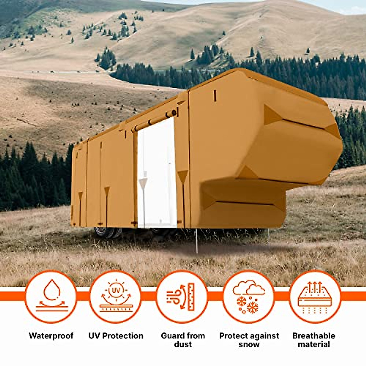 Lanceton 29-33 Ft Fifth Wheel 5th Wheel RV Trailer Cover Package Premium Heavy-Duty Waterproof Windproof Anti-UV Breathable Fabric Including 4 Tire Covers and 4 Sharp Edge Covers 2 Secure Straps