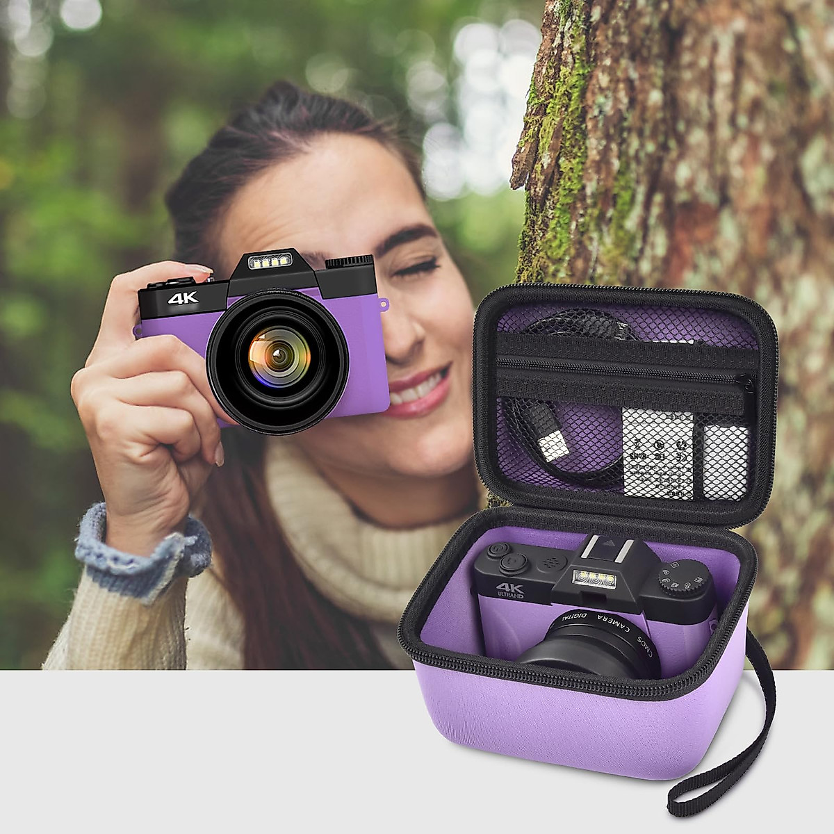 Vlogging Camera Case Compatible with brewene/for Femivo/for KVUTCIEIN/for Duluvulu 4K 48MP Digital Cameras for Youtube. Vlog Camera Carrying Storage for Lens, Cable and Other Accessories - Purple