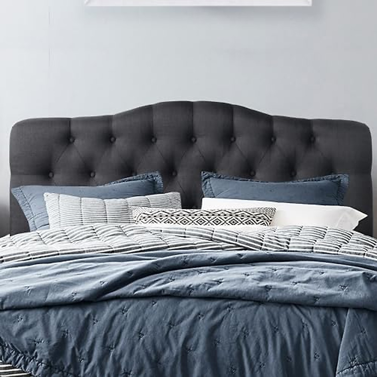 Rosevera Harriman Adjustable Heigh Headboard with Linen Upholstery and Button Tufting, King, Carbon