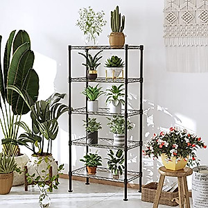C&AHOME 5-Tier Metal Shelving Unit with Liner, Storage Rack with Adjustable Shelves, Heavy Duty Shelf with 4 Hooks and Leveling Feet Ideal for Kitchen, Bathroom, 23.6"L × 12.8"W × 60.5"H Black UWSU05B