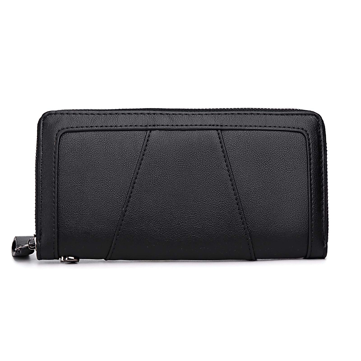 Earnda Womens wallet RFID Blocking Large Capacity Long Purse with Wristlet Card Holder Coin Pocket Pitch Black