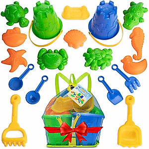TOYLI Sand Toys Beach Set 19 Pieces with Bag, Sand Buckets, Shovels, Sand Sifters, Rakes, Sand Molds, Pail and Shovel Set for Kids Children Beach Toys for Toddlers 1-2 Snow Toys
