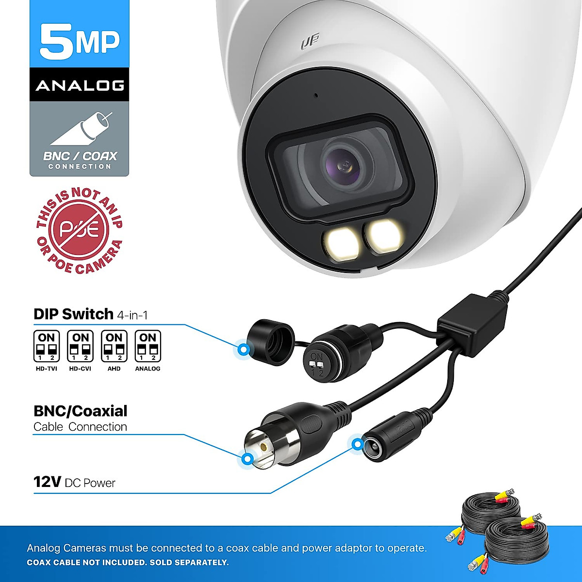 Amcrest Analog 5MP NightColor Outdoor Security Camera, Turret 5MP @ 25fps, CCTV-Coax-BNC, 131ft Full Color Night Vision, Mic, 112° FOV (Not an IP Camera) (DVR Required, Not Included) (AT5N28-W)