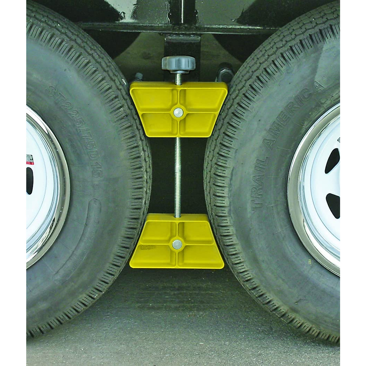 Camco Large RV Wheel Stop | Fits 26 to 30-inch Diameter Tires and Tire Spacing from 3 ½ to 5 ½-inches | Yellow (44622)