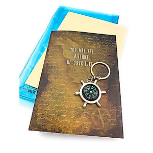 Smiling Wisdom - Old World - You Are The Author of Your Life Greeting Card and Fashion Helm Keychain Gift Set - Graduation Advice for Your Journey in Love, Friendships, and Life - Brown - Helm KC
