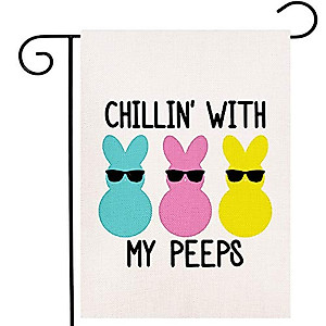 Ogiselestyle Easter Peeps Garden Flag Vertical Double Sided Easter Bunny Rabbit, Chillin' with My Peeps Spring Summer Rustic Farmhouse Yard Outdoor Decoration 12.5 x 18 Inch