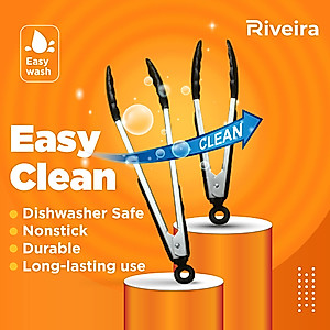 Riveira Tongs for Cooking with Silicone Tips | 9 and 12-Inch Pieces Set | Non-Stick Kitchen Grill Tongs | BBQ Grilling Tong | 550°F High Heat-Resistant Premium Silicone Tips | 304 Stainless Steel