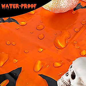 54x72 Inch Halloween Tablecloth Plastic Rectangle Pumpkin Bat Skeleton Picnic Table Cover Waterproof Orange and Black Decorations for Holiday Party Favors Supplies, Wipeable and Reusable (2 Pieces)