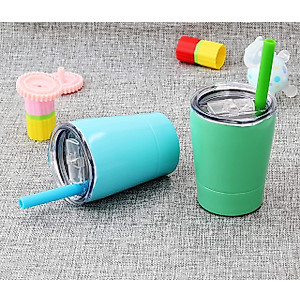 Colorful PoPo Cute Stainless Steel kids cup Straw Cups for Toddlers, Mini Insulated Tumblers with Lids for Smoothie Milk, Set of 2 (Teal Mint, 8.5 OZ)