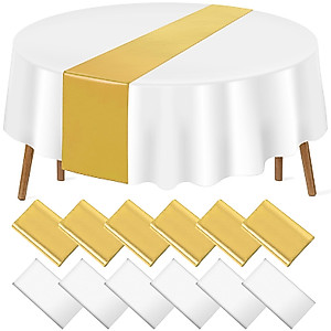 12 Pack 12x108 Inch Satin Table Runner and 84 Inch Round Plastic Tablecloths Set White and Gold Disposable Round Table Cover for Graduation Wedding Bridal Shower Anniversary Birthday Party Decorations