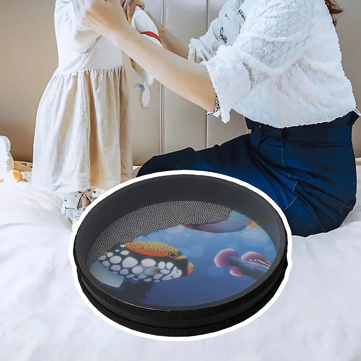 Yibuy Sound Drum Percussion Wave Bead Ocean Hand Drum with Hardwood Sea Drum Musical Instrument Percussion 253mm/9.96inch (Diameter) for Party