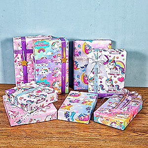 THMORT Unicorn Wrapping Paper For Girls kids, Barbie, Women. Birthday Wrapping Paper Includes 4 Princess Pink Designs Of Rainbow, Star, Diamond, Happy Lovely cute for Holidays Baby Shower Party, glitter shine 12 thick Sheets Folded Flat 20 × 29 Inches