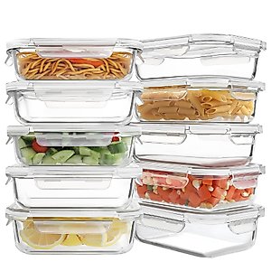 HOMBERKING 10 Pack Glass Meal Prep Containers, Glass Food Storage Containers with Lids, Airtight Glass Lunch Bento Boxes, BPA-Free & Leak Proof (10 lids & 10 Containers) - White