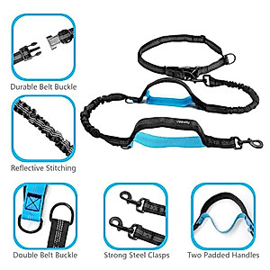 UPPETLY Hands Free Dog Running Leash with Adjustable Waist Belt, Dual Handle Elastic Bungees Retractable Rope for Medium and Large Dogs, Reflective Stitches for Walking Hiking Biking