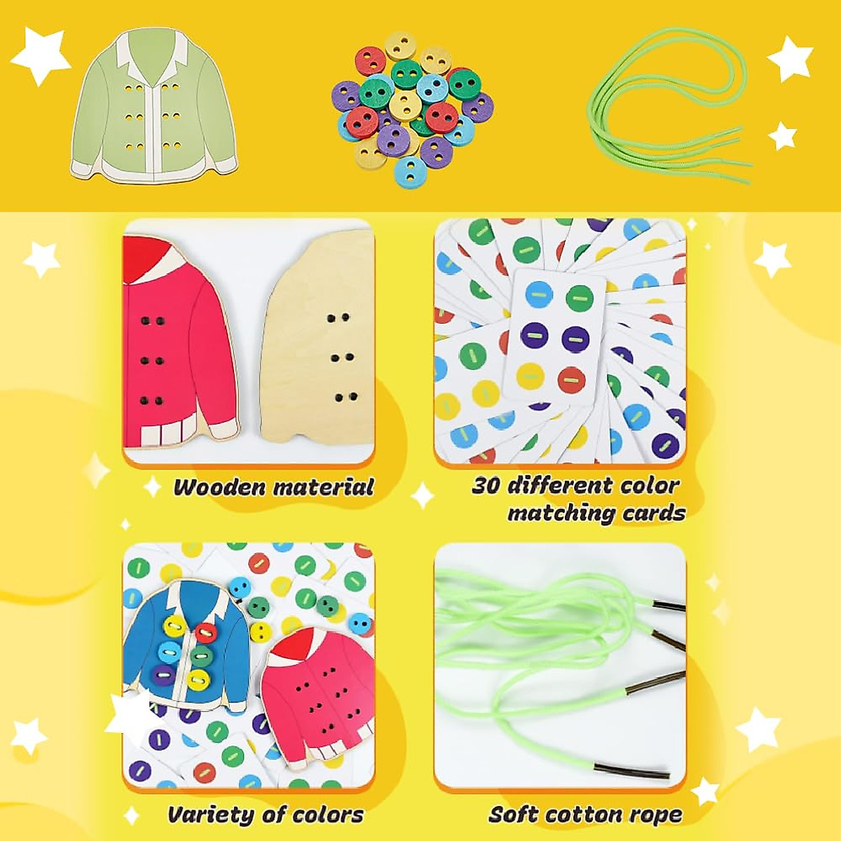 WEBEEDY Wooden Clothes Lacing Game, Montessori Fine Motor Skill Threading Game, Sewing Button Lacing Card Game, Early Development Game,8.66x5.51x1.97 Inch