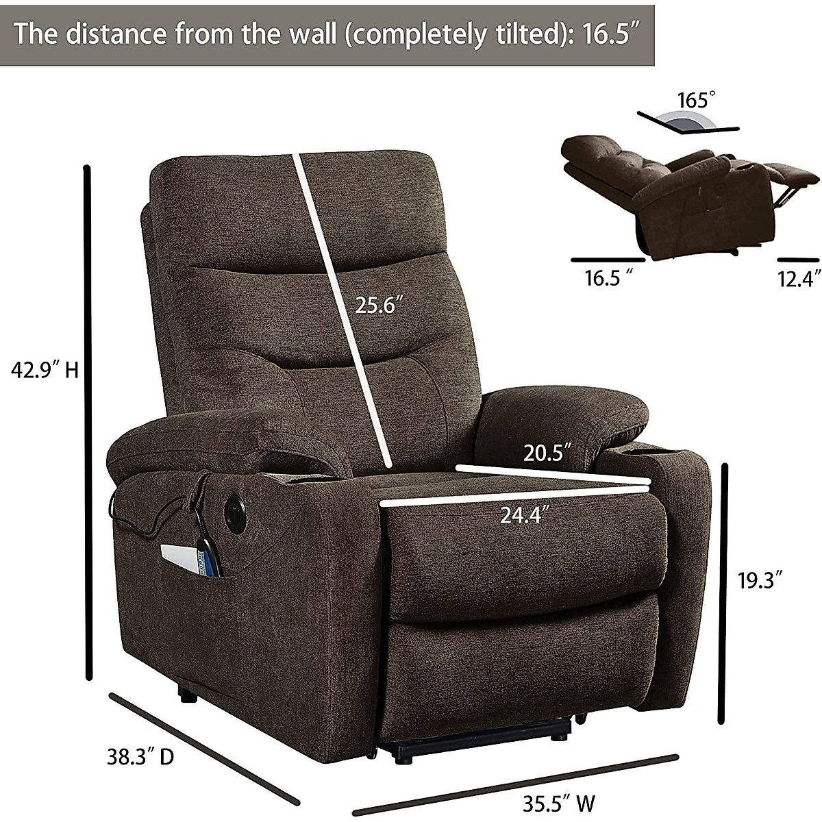Jmaxo Electric Power Lift Recliner Chair Sofa with Massage and Heat for Elderly,3 Positions,2 Side Pockets and Cup Holders,USB Ports, High-end Quality Fabric for Living Room Bedroom, Brown