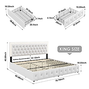 Keyluv King Upholstered LED Bed Frame with 4 Drawers, Pu Leather Platform Storage Bed with Adjustable Button Tufted Headboard and Solid Wooden Slats Support, No Box Spring Needed, White